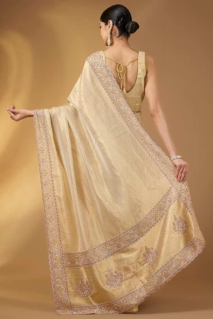 The Golden Panel: Yellow Tissue Silk Saree with Hand Embroidered Flora